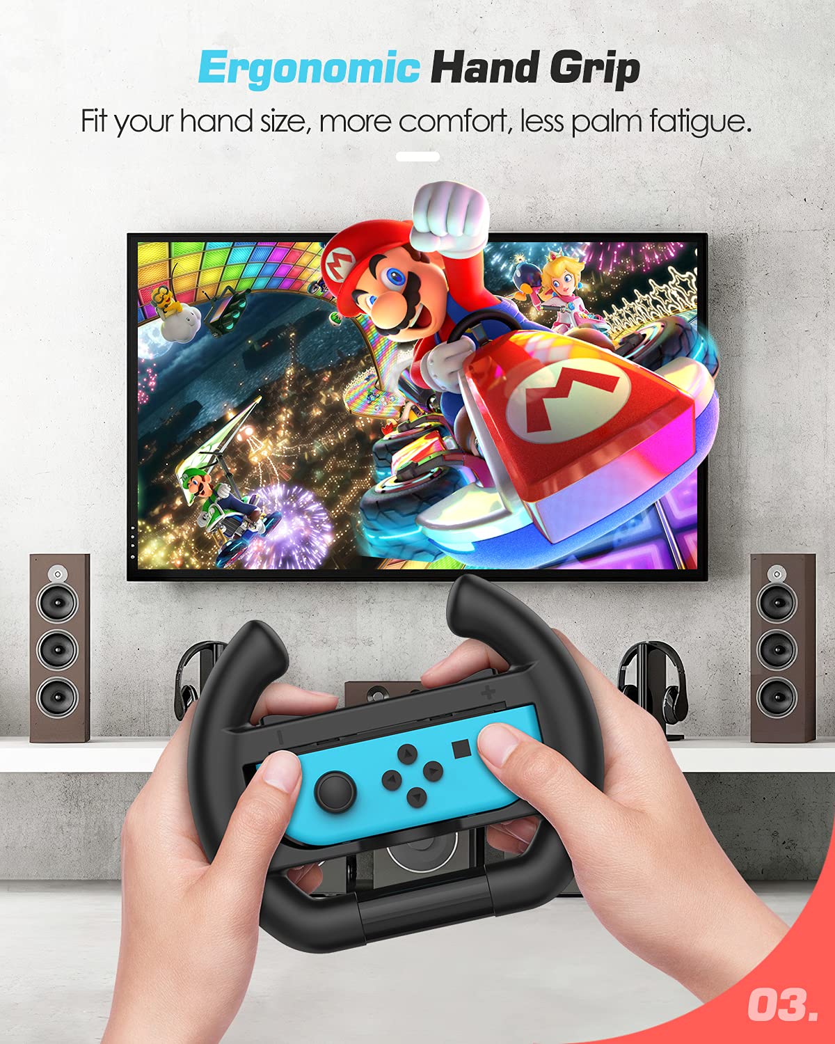 MoKo Steering Wheel & Grips for Nintendo Switch OLED 2021/Switch Joy-Con Controllers, 2 Pack Mariokart Racing Steering Wheel & 2 Pack Comfort Hand Grip Handle Kit for Mario Kart 8 Deluxe, Black&White