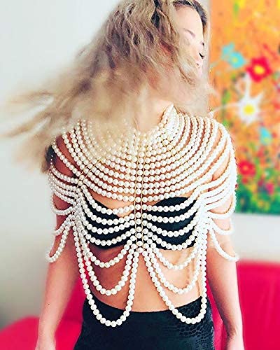 CCbodily Pearl Body Chain Bra - Fashion Shoulder Necklaces Jewelry(A-WHITE)