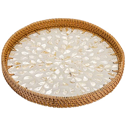 Frcctre 2 Pack Round Rattan Serving Tray with Mother of Pearl Inlay Wooden Base, Decorative Wicker Baskets Woven Serving Tray for Bread Fruit Food Coffee Breakfast, Storage and Display, 2 Sizes