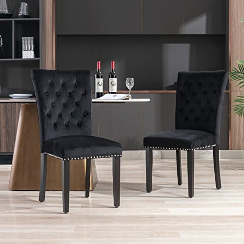 Restworld Velvet Fabric Dining Chair Set of 2 with Button & Nailhead Decoration, Tufted Upholstered Chair for Bedroom & Dining Room, Modern Luxury Style Solid Wood Legs (Black)