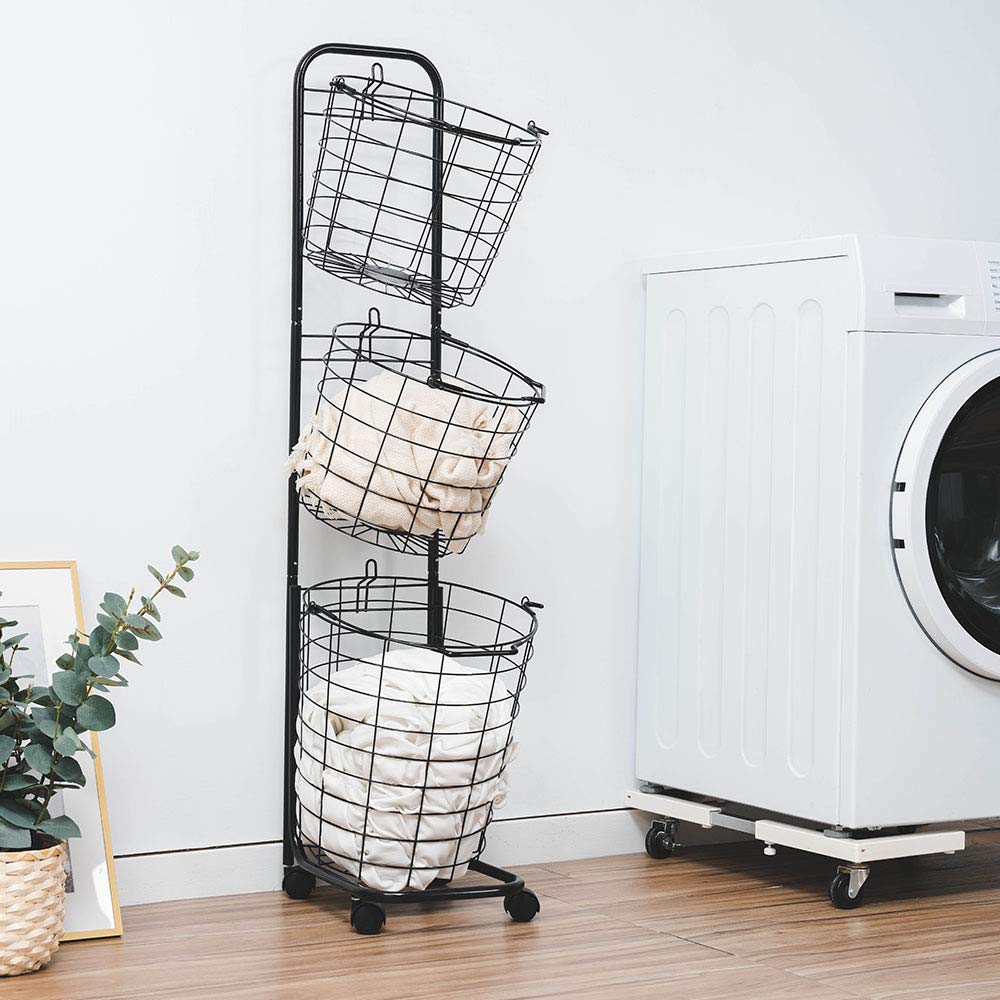 Lomani 3-layers laundry basket on wheels, laundry storage and organizer, cloth basket cart, organizer cart for clothes-BK