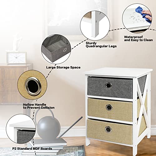 ECOMEX Nightstand Set of 2, Nightstand with 3 Drawers, Small Nightstand with Storage Drawers, Bedside Table with Fabric Bins, Wood Frame, Easy Assembly, White