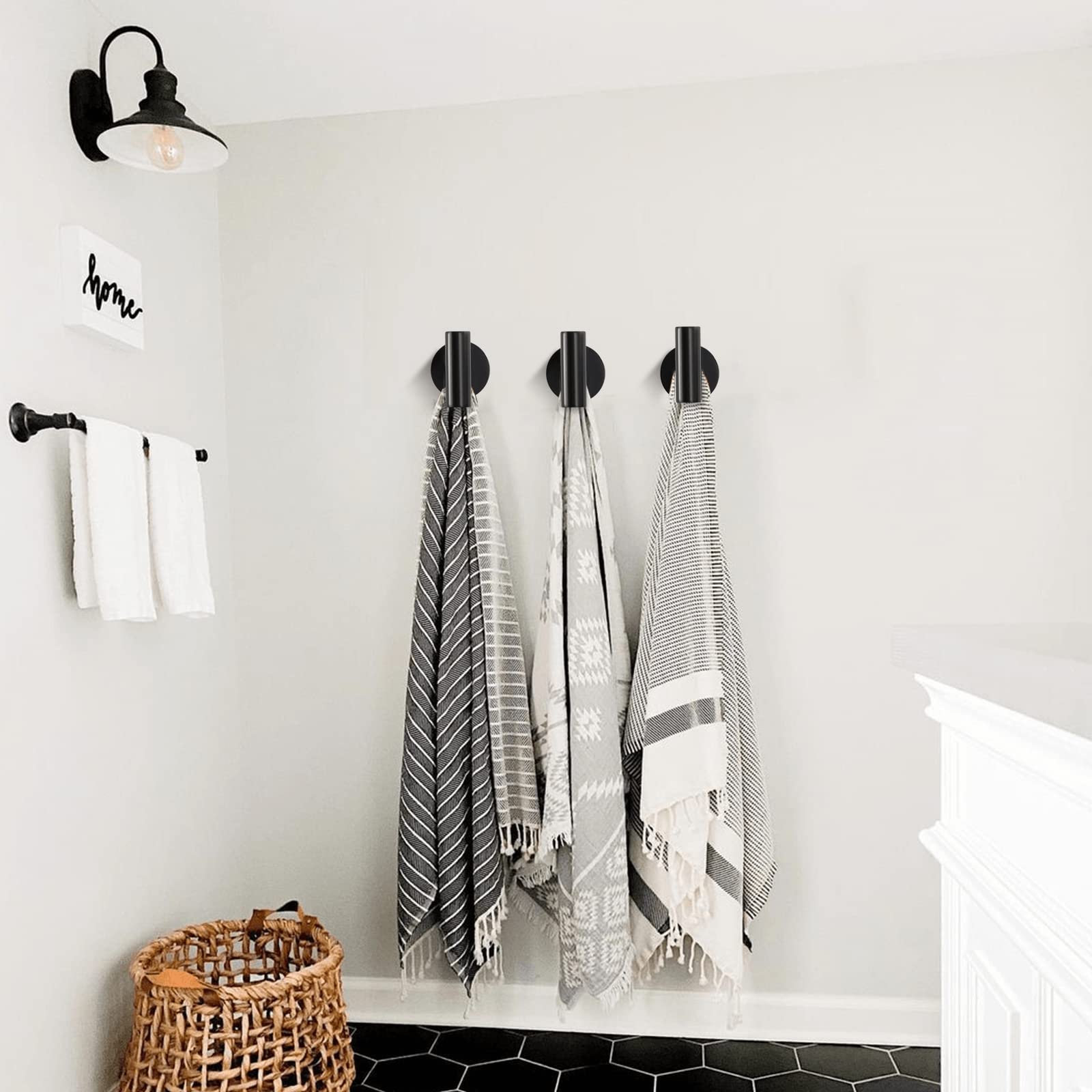Budding Joy Towel Hooks for Bathrooms, Black Towel Hook Wall Mounted, Durable Stainless Steel Towel Hanger with Sleek Look, Heavy Duty Wall Hook for Hanging Coat Robe, Easy to Clean, 4-Pack