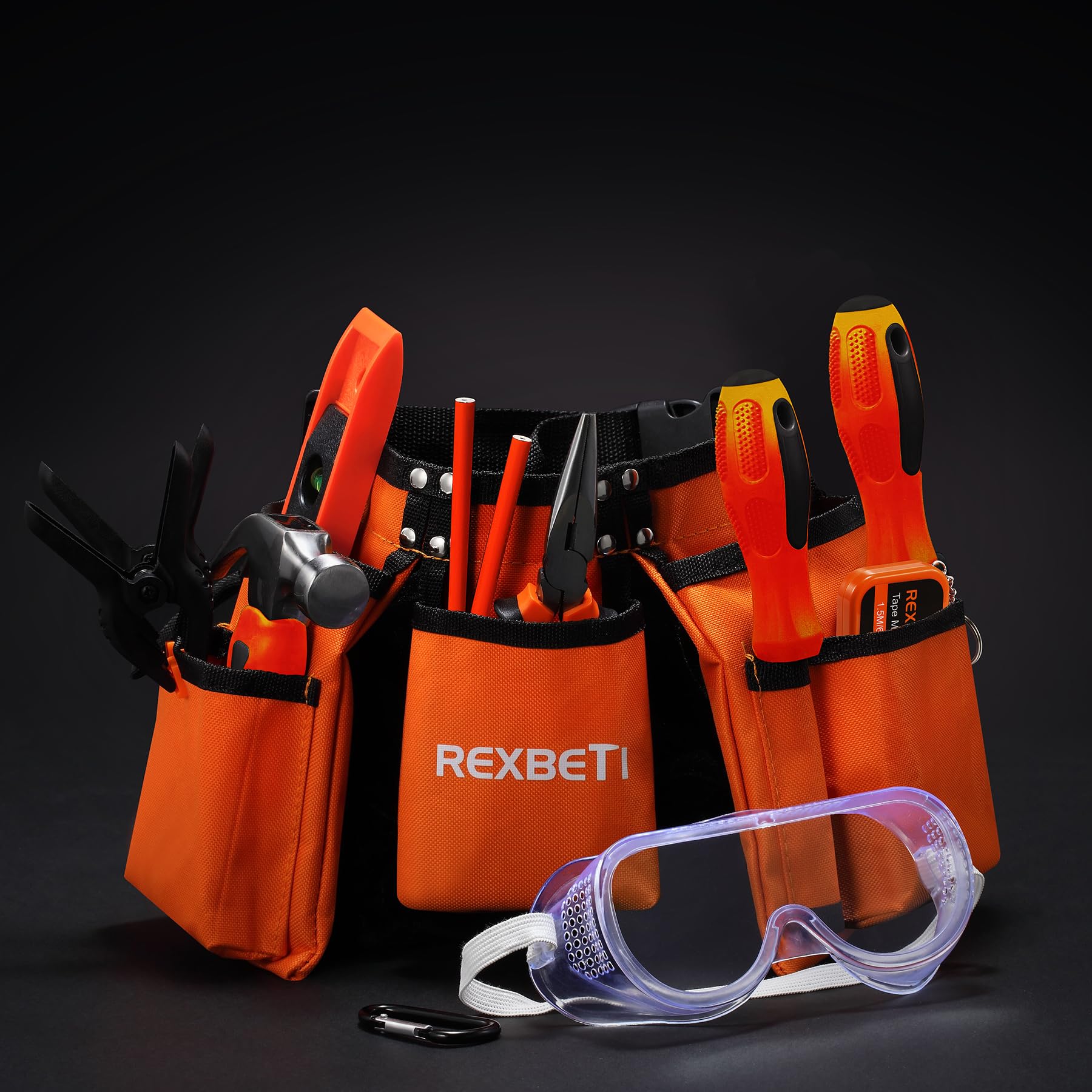 REXBETI 18pcs Young Builder's Tool Set with Real Hand Tools, Reinforced Kids Tool Belt, Waist 20"-32", Kids Learning Tool Kit for Home DIY and Woodworking