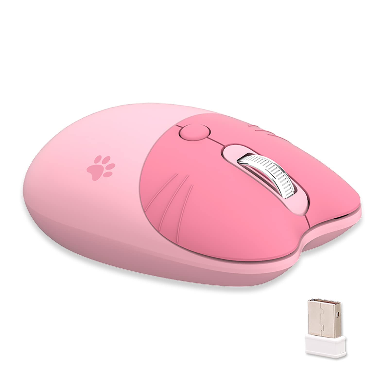 Lomiluskr Cute Cat Wireless Mouse, Lightweight Soundless Mouse, 2.4G Wireless Mice, Candy Colors, Kawaii Mouse for Girls and Kids (Pink)