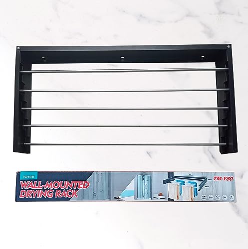 EWODE Clothes Drying Rack Wall Mounted, Collapsible Retractable Laundry Drying Rack, 60 lbs Capacity, 13,1 Linear Ft, 31,5" Width (Black)