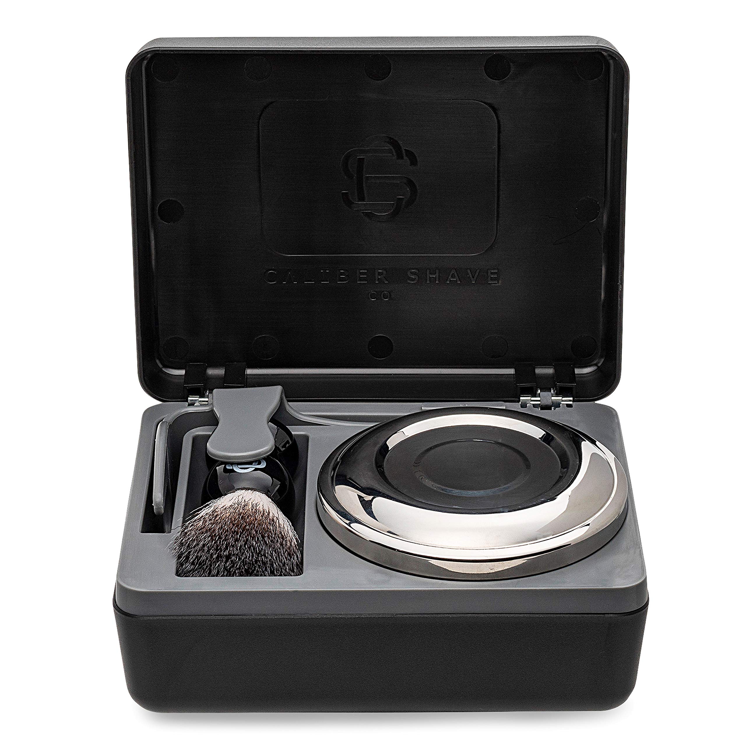 Caliber Shave Co. Travel Wet Shaving Kit | Includes Durable Case With Rotating Stand, Wet Shave Brush Made With Synthetic Material, And Aluminum Shave Bowl With Lid