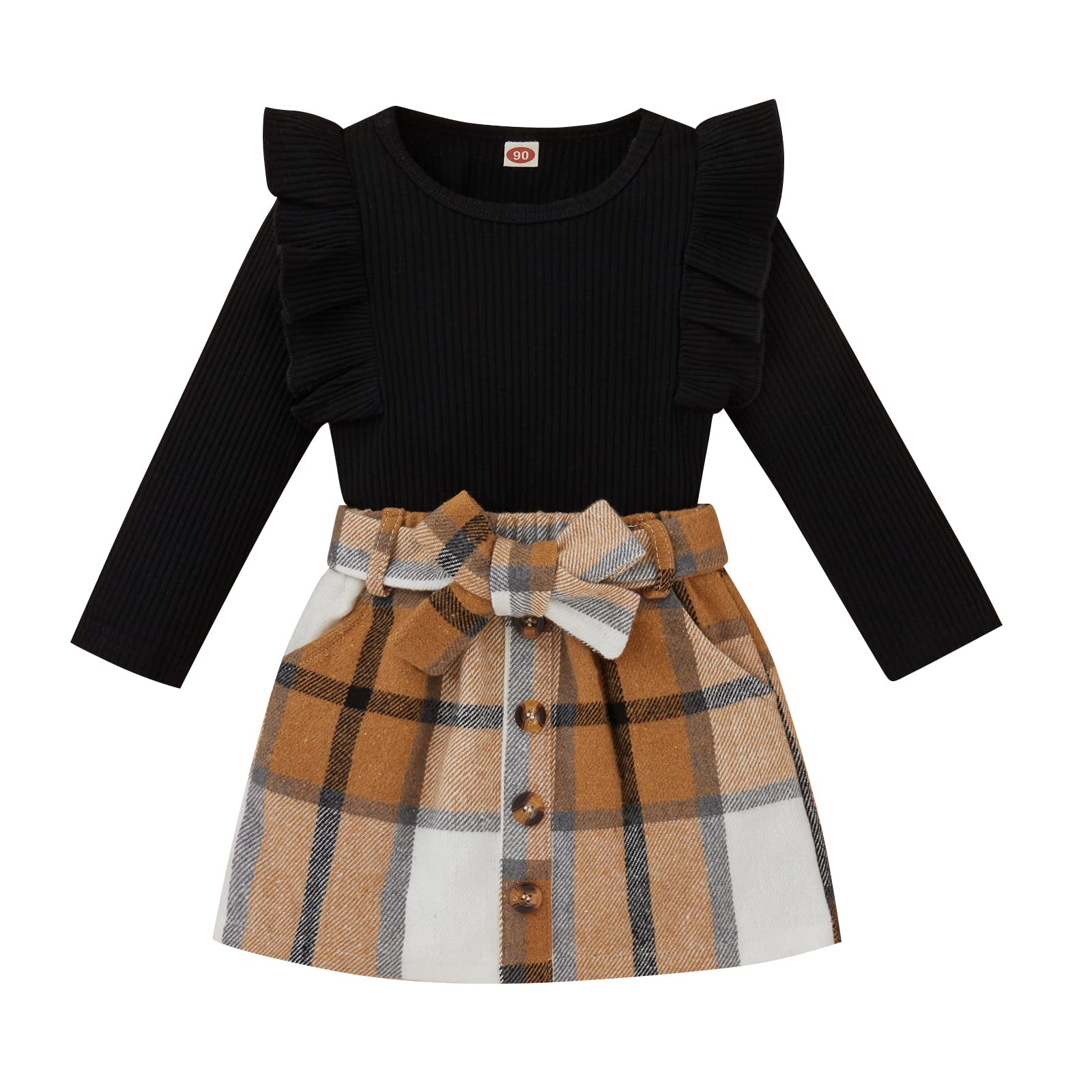 Hebuket Toddler Girl Ruffle Long Sleeve Top +Plaid Mini Pleated Skirt +Beret Hat 3Pcs Clothes Set Baby Kid Fall Winter Outfit (C Black3, 18-24 Months)
