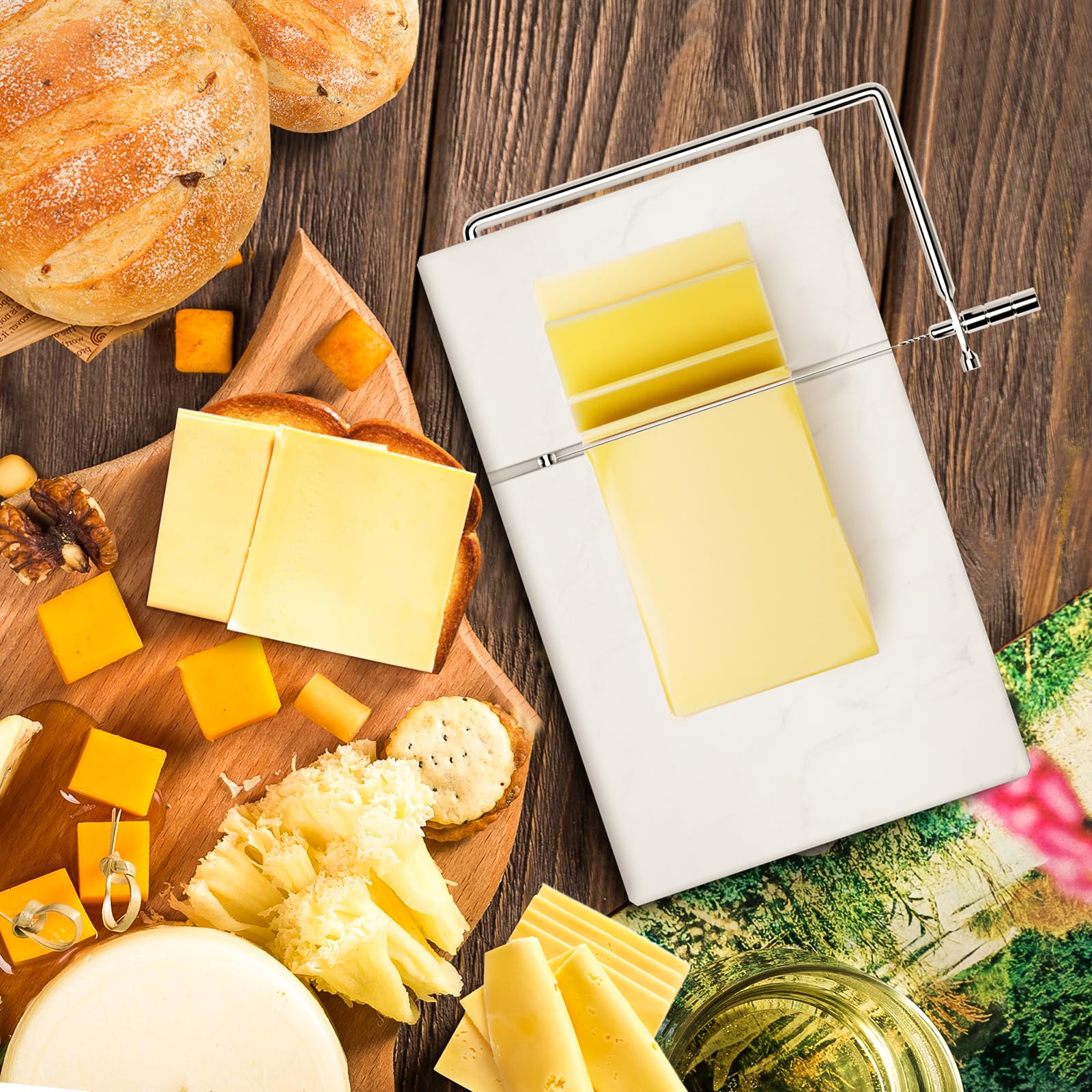 Cheese Slicer - Cheese Cutter with 5 Replacement Upgrade Thick Cutting Wires - Heavy Duty 5" x 8" Marble Board Cheese Slicer for Block Cheeses, Butter, Etc - Kitchen Gadget Cheese Slicer Tool - White