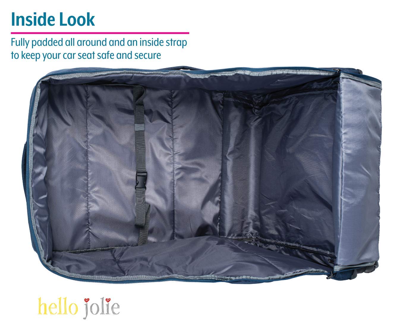 Car Seat Travel Bag with Wheels by Hello Jolie | Includes Add a Bag Luggage Strap | All Around Padding for Infant or Convertible Carseat | Water Resistant (Navy)