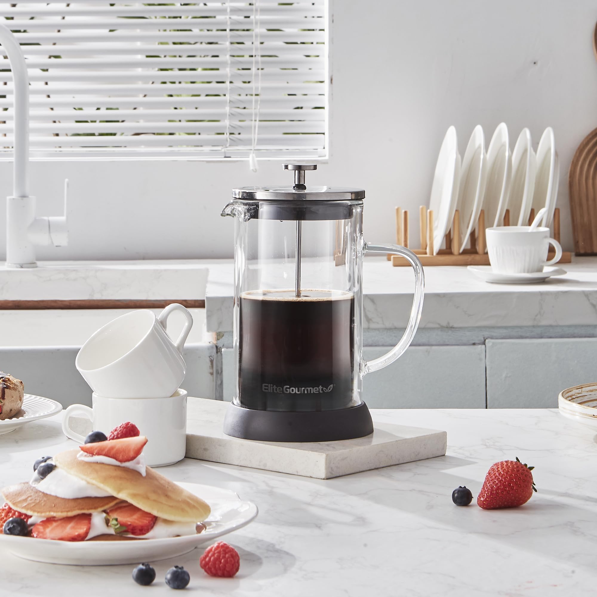 Elite Gourmet FP1223X French Press 34-Ounce, Double Wall Insulated Heavy Duty Thick High-Heat Borosilicate Glass, BPA-Free, Cold Brew Coffee Maker, 1-Liter