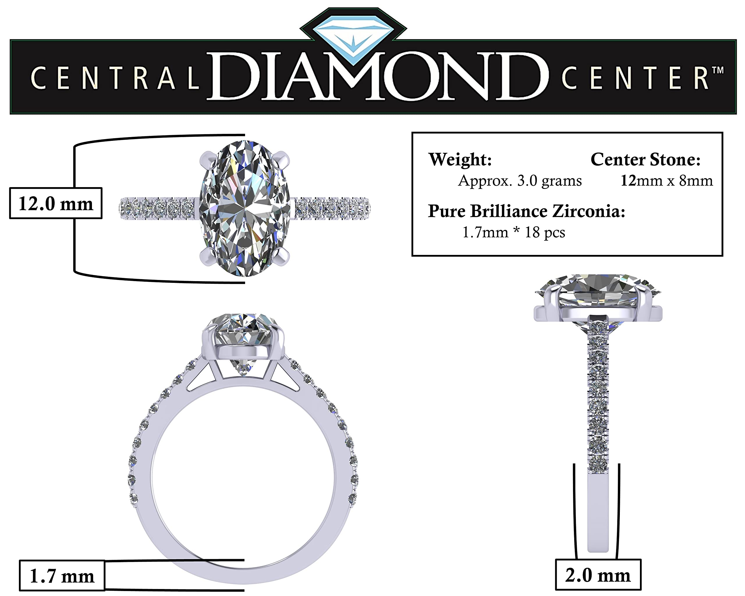 Central Diamond Center VOUS Oval Cut Solitaire Engagement Wedding Ring, Sterling Silver w/Pure Brilliance Zirconia - Size 6.5