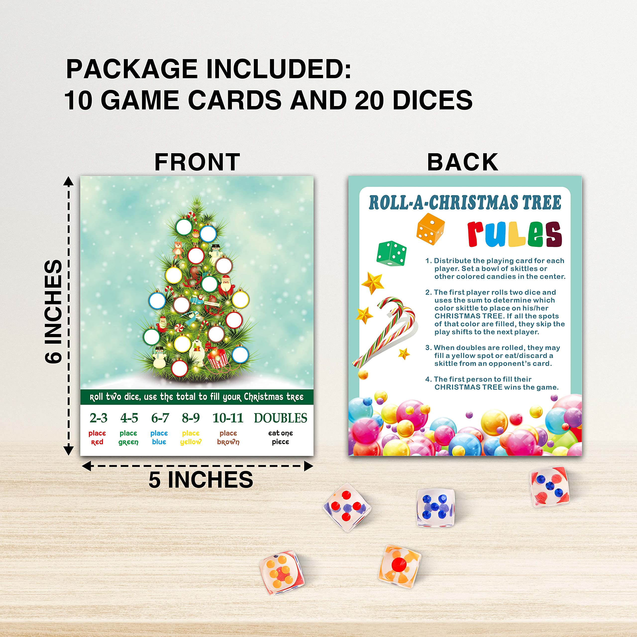 Christmas Party Roll The Dice Game, Kids Table Game, 10 Play Cards 20 Transparent Dices - 5 x 6 inches(MMgame-A004)