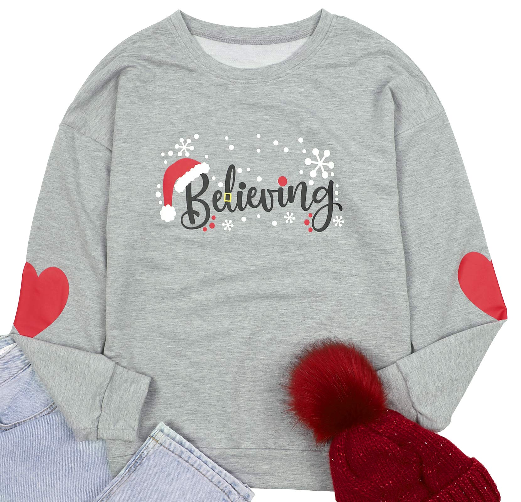 BLANCHES Christmas Sweatshirts for Women Believe Sweatshirt Funny Reindeer Snowman Xmas Holiday Long Sleeves Pullover Tops Grey