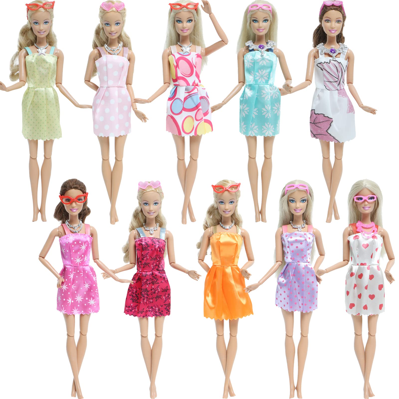 FUB 20 Pcs = Random 10x Mixed Style Mini Dress + 6X Plastic Necklaces + 4X Black Glasses Clothes for Accessories Toy
