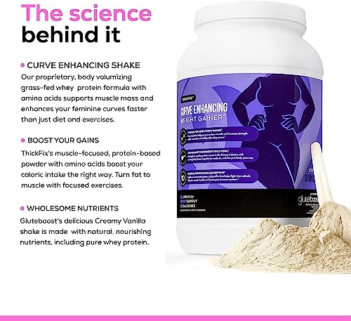 Gluteboost ThickFix Curve Enhancing Weight Gainer Shake - Grass-Fed Whey Protein Powder with Amino Acids - Increase Curves and Muscle Mass - Volumizer Supplement for Women - Creamy Vanilla