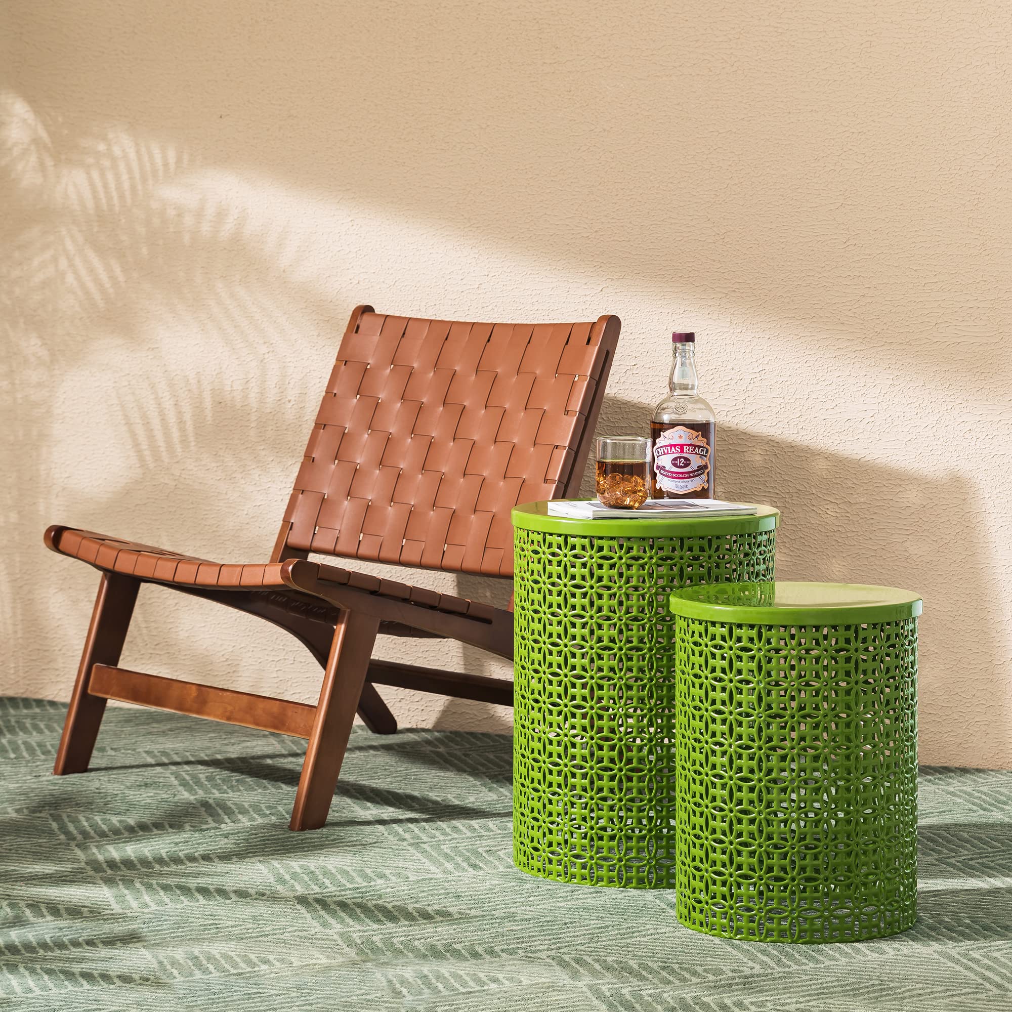 Glitzhome Outdoor Side Table Set of 2, Decorative Garden Stool for Indoor Outdoor Heavy Duty Metal Frame Accent Table Modern End Table, Glossy Green