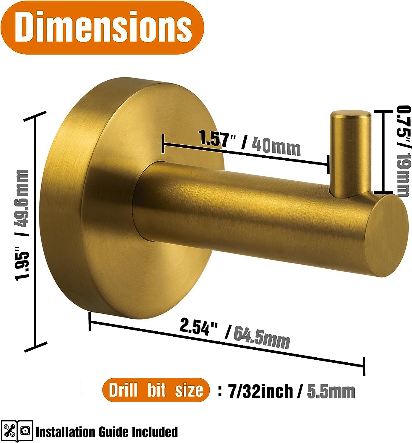 HITSLAM Gold Towel Hooks for Bathroom Wall Mounted, Brushed Brass Wall Mount Hooks Heavy Duty Premium SUS 304 Stainless Steel Rustproof 2 Pack