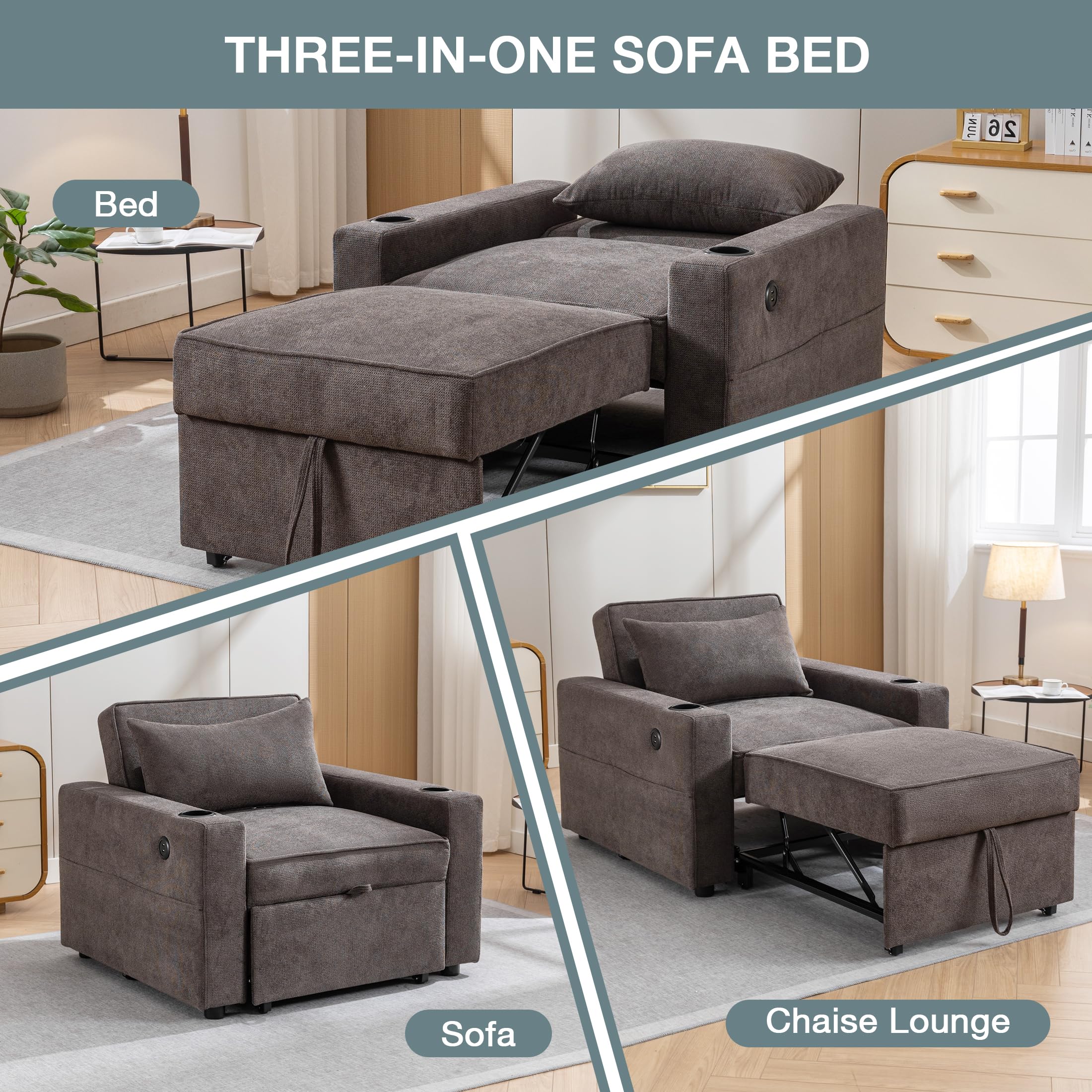 BOSMILLER Convertible Sofa Bed, 3-in-1 Pull-Out Sleeper Sofa, Adjust Backrest Futon Couch with Massage Heating Pillow, USB, Side Pocket, Cup Holder, for Living Room/Office/Small Apartment