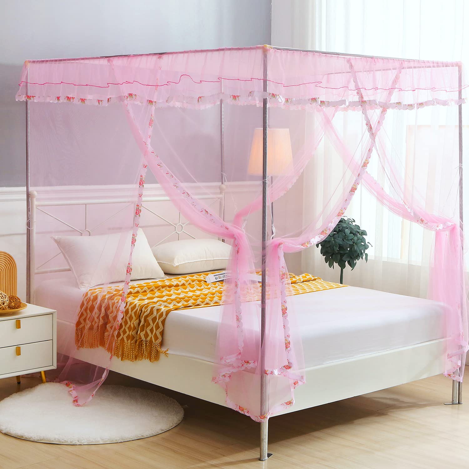 JQWUPUP Twin Canopy Bed Curtains - 4 Corner Canopy for Beds, Bed Canopy for Girls Adults, Bedroom Decor (Twin Size, Pink)