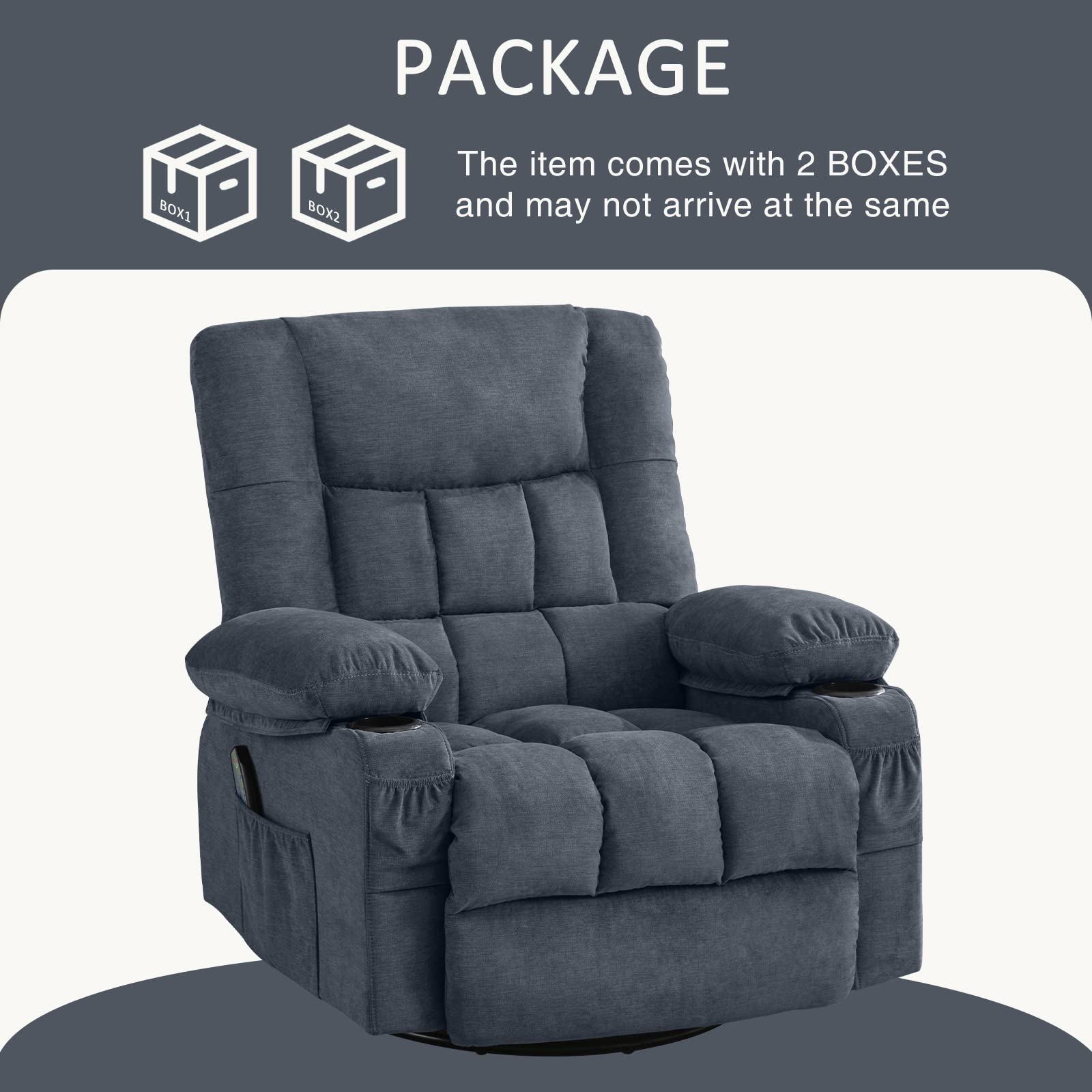 BOSMILLER Massage Swivel Rocker Recliner Chair with Vibration and Heat Ergonomic Lounge for Living Room Rocking Function Side Pocket, 2 Cup Holders, USB Charge Port, Blue