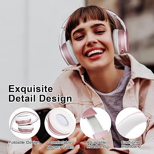 JOMILIN B9 Bluetooth Headphones Over-Ear, 60 Hours Playtime Lightweight Folding Hi-fi Stereo Bass Wireless Headset with Mic, Volume Control Headphones for iPad/Travel/Tablet/PC (Rose Gold)