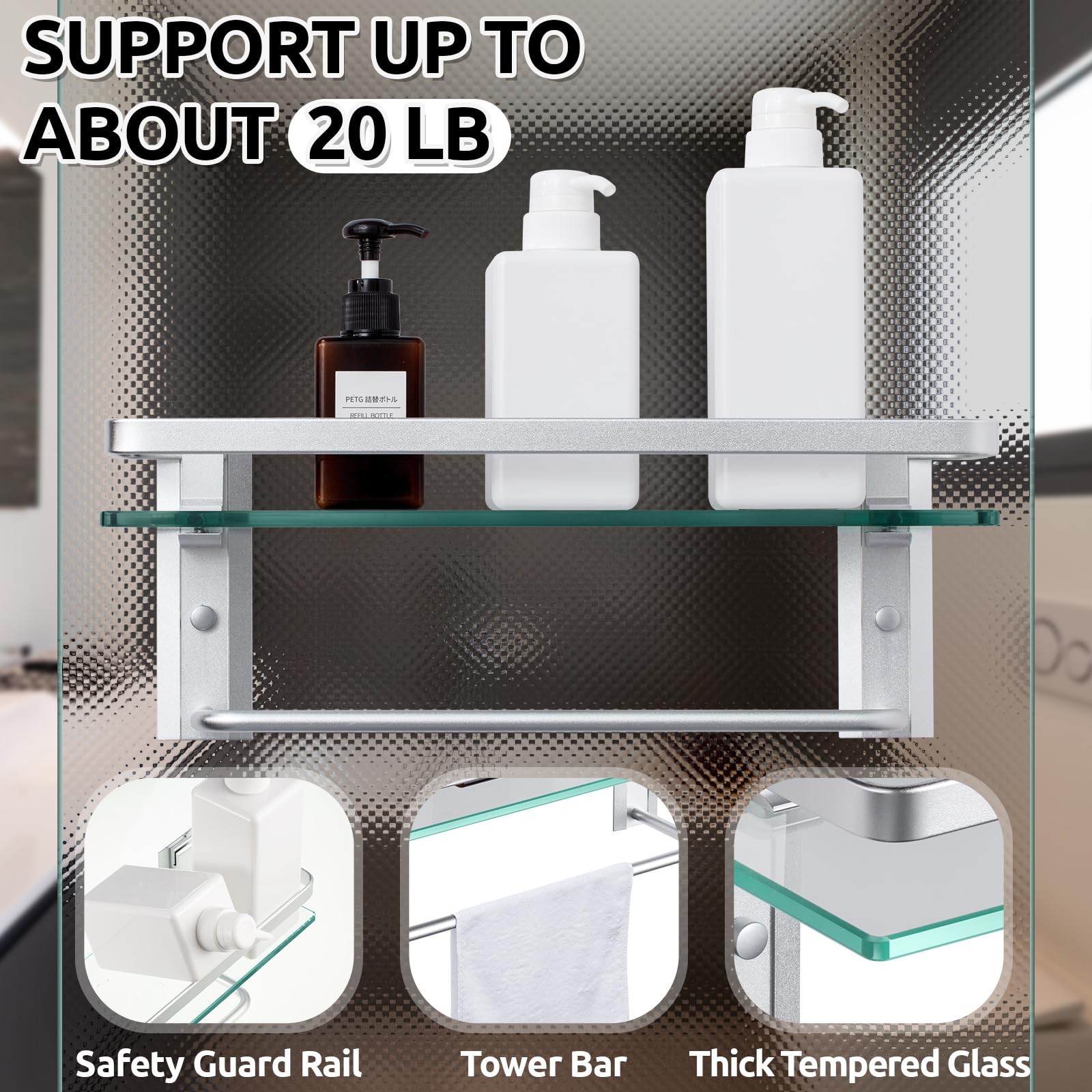 Geetery 2 Sets Glass Bathroom Shelf with Towel Bar 15.75 x 4.5 Inches Wall Mounted Aluminum Tempered Glass Shelf Rustproof Shelves Bathroom Hand Towel Holder with Shelf Shower Rack Bathroom Hardware