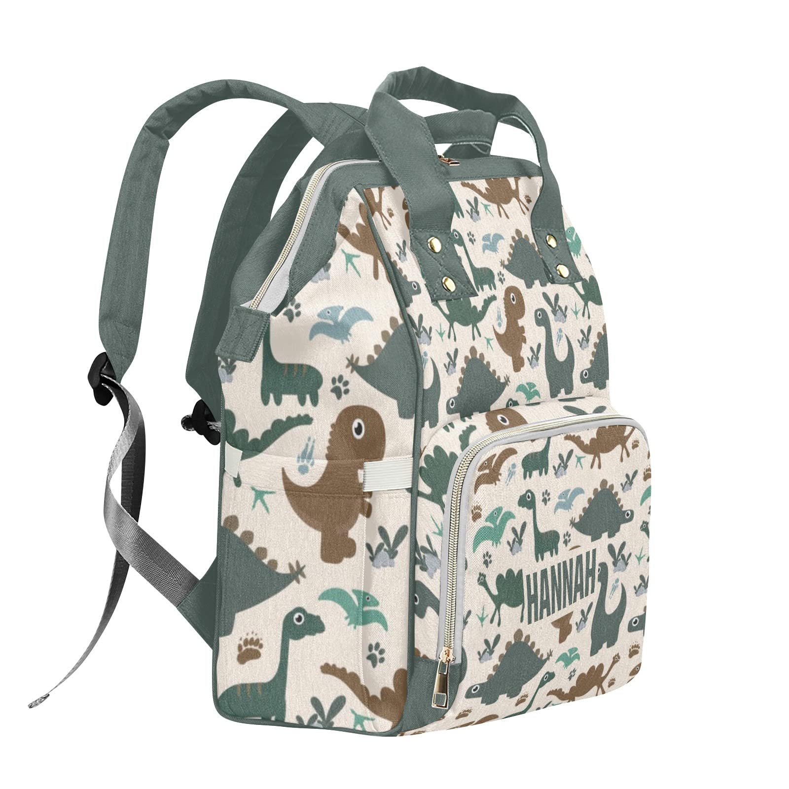 CustomLife Green Dinosaur Multi-Function Personalized Diaper Bag Backpack Tote with Name Travel Shoulder Casual Daypack Waterproof, 18.1''(H) x 10.83''(L) x 6.69''(W)