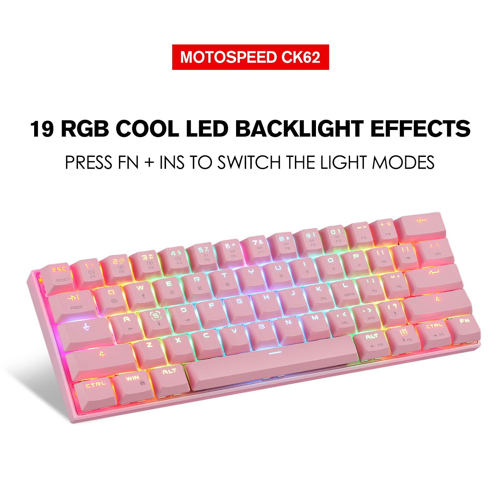 MOTOSPEED Bluetooth/Wired 60% Pink Mechanical Keyboard Compact 61 Keys RGB LED Backlit Type-C Gaming/Office Keyboard for PC/Mac/Laptop Gamer (Red Switch)