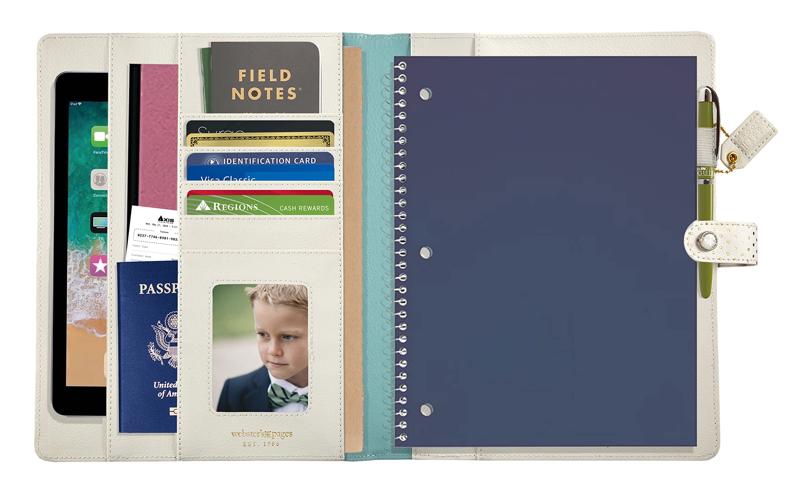 Business PU Leather Portfolio Binder by Webster's Pages, Padfolio for Women with Composition Notebook - White, Gold Polka Dot 8.25 X 10.75”