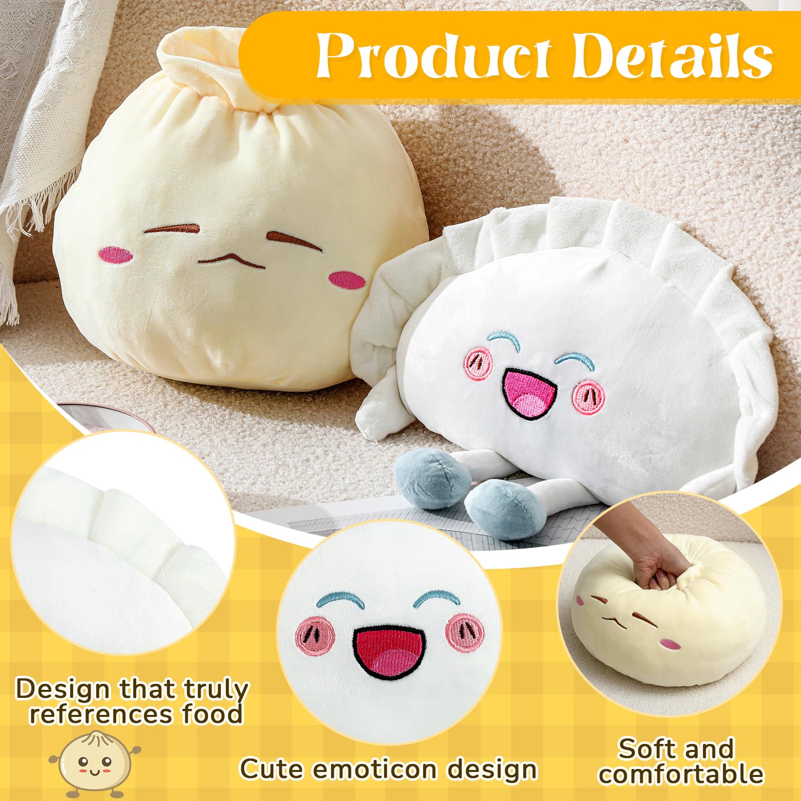 Gemscream 2 Pcs 13.8 Inch Dumpling and 9.8 Inch Bun Dumpling Plush Pillow with Features Soft Stuffing Cute Soup Dumpling Plushie Funny Asian Food Pillow Stuffed Dumpling Plush Toy for Sleeping Gifts