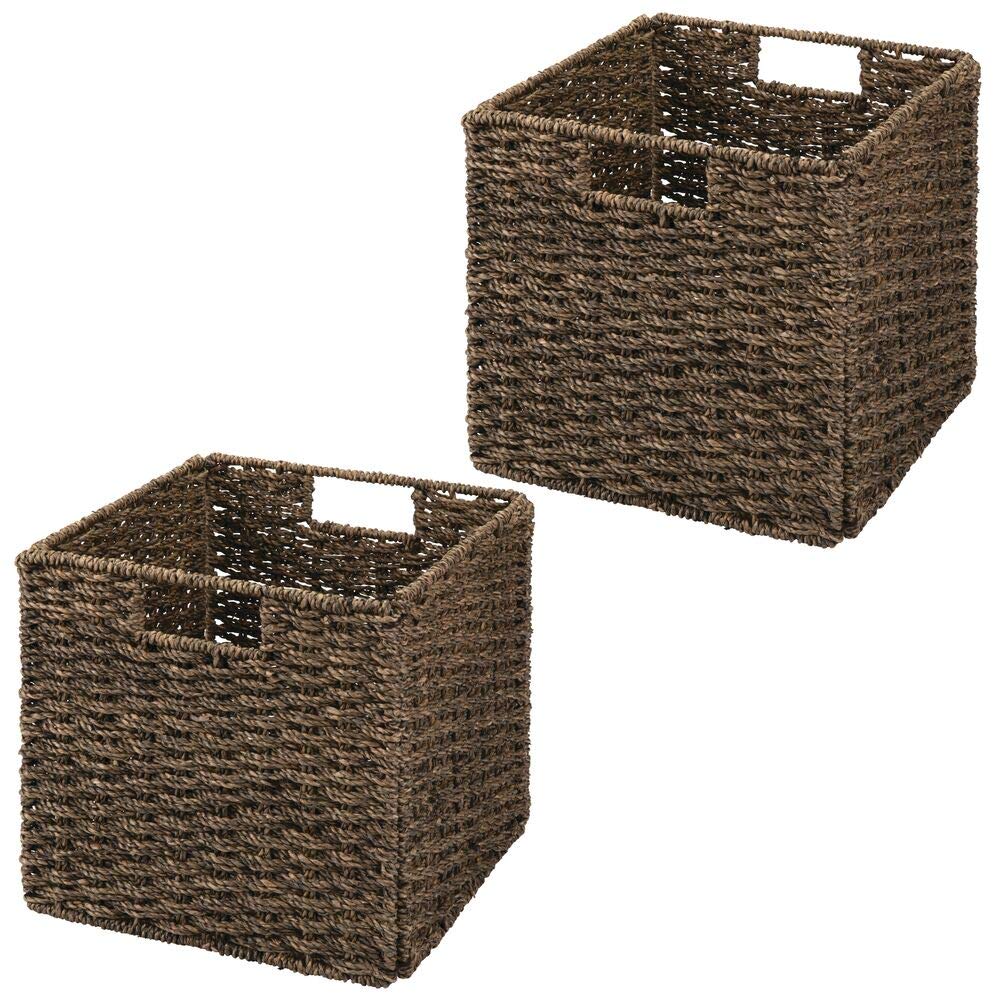 mDesign Natural Woven Seagrass Closet Storage Organizer Basket Bin - Collapsible - for Cube Furniture Shelving in Closet, Bedroom, Bathroom, Entryway, Office - 10.5" High, 2 Pack - Chestnut Brown
