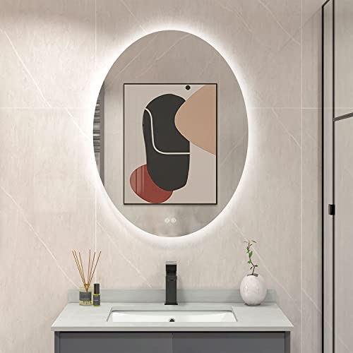 BuLife 28 X 20 Inch Oval Backlit LED Bathroom Mirror Anti-Fog 3 Colors Light Dimmable Wall Mounted Lighted Bathroom Vanity Mirror Smart Makeup Mirror with Touch Switch