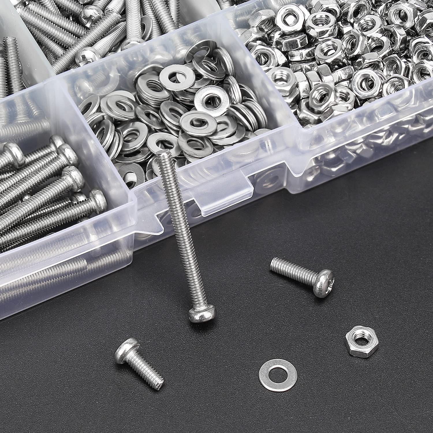 HELIFOUNER 1280 Pieces M3 x 4mm /6mm /8mm /10mm /12mm /14mm /16mm /18mm /20mm /25mm / 30mm, Phillips Pan Head Machine Screws, Metric Screws Bolts Washers Nuts Kit, 304 Stainless Steel