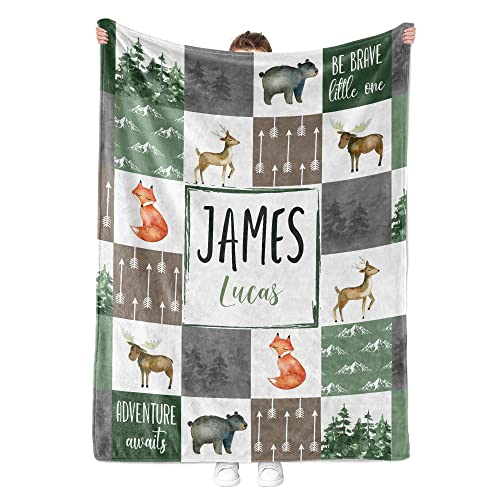 MDPrints Personalized Baby Blankets for Boys - Customized Baby Blanket with Name - Newborn Nursery Gift - Soft Plush Fleece (Woodland 214)