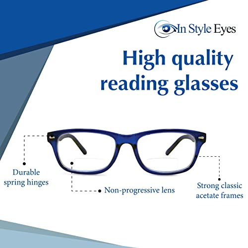 In Style Eyes Seymore Retro Bifocal Cheaters Reading Glasses - Full-Rimmed Classic Oval Acetate Frame - Non-Progressive Lens - Clear Black - 3.25x