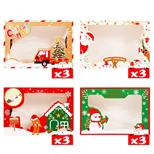 EPDPLAY 12 PCS Christmas Cookie Boxes with Window Holiday Food Treats Container for Gift Giving, Santa Snowman christmas tree gingerbread Man Cookie Boxes for Pastries Cupcakes Candy and Party Favor