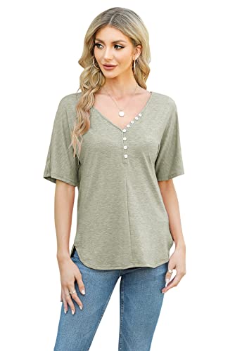 NIUBIA Women's Fashion Summer V-Neck Half Sleeves Oversized T Shirt Casual Loose Basic Tops Green