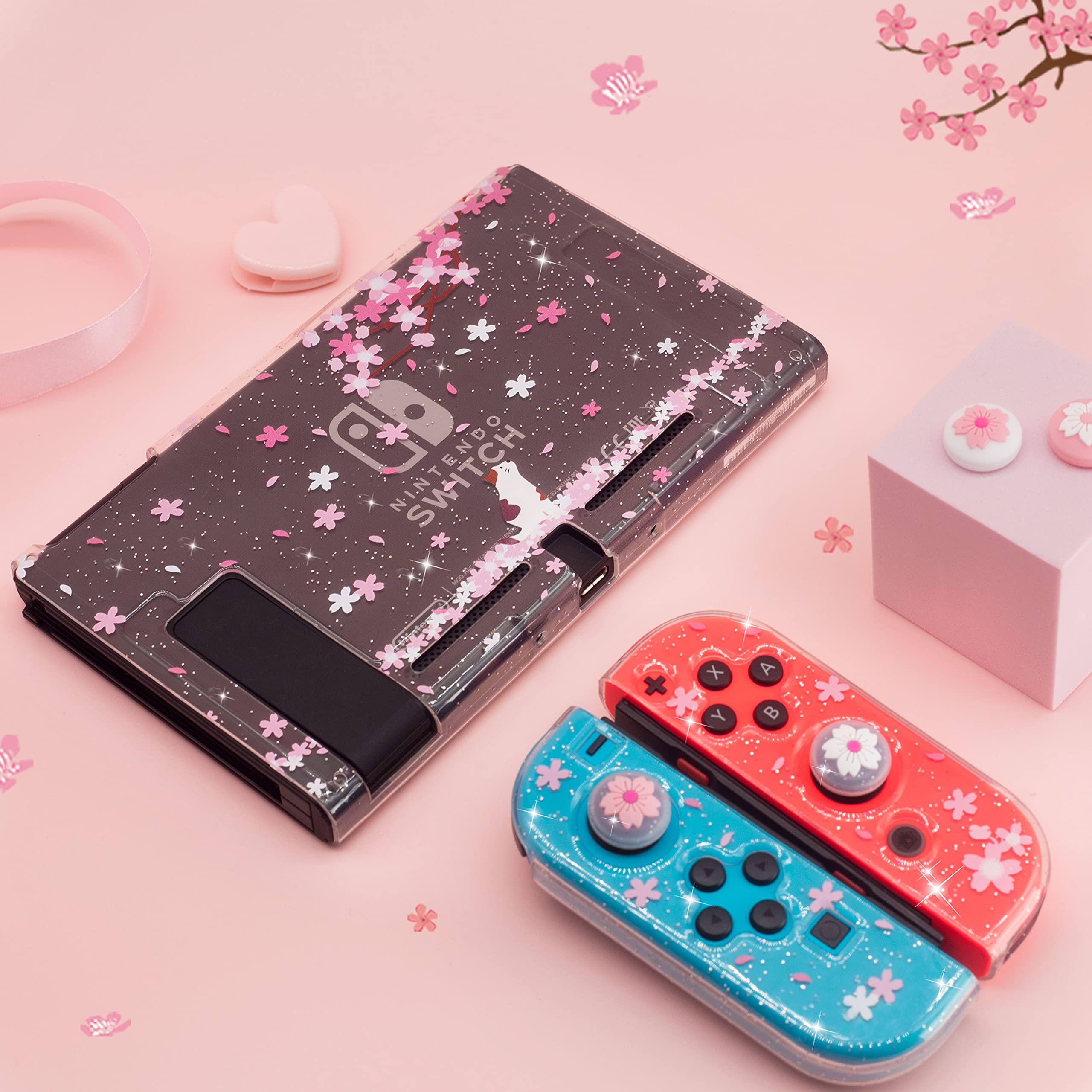 BRHE Cute Cat Paw Switch Carrying Case Pink 【9 IN 1】Portable Hard Shell Bundle Bag Kits with TPU Clear Protective Cover, Glass Screen Protector, Thumb Grip Caps for Nintendo Switch