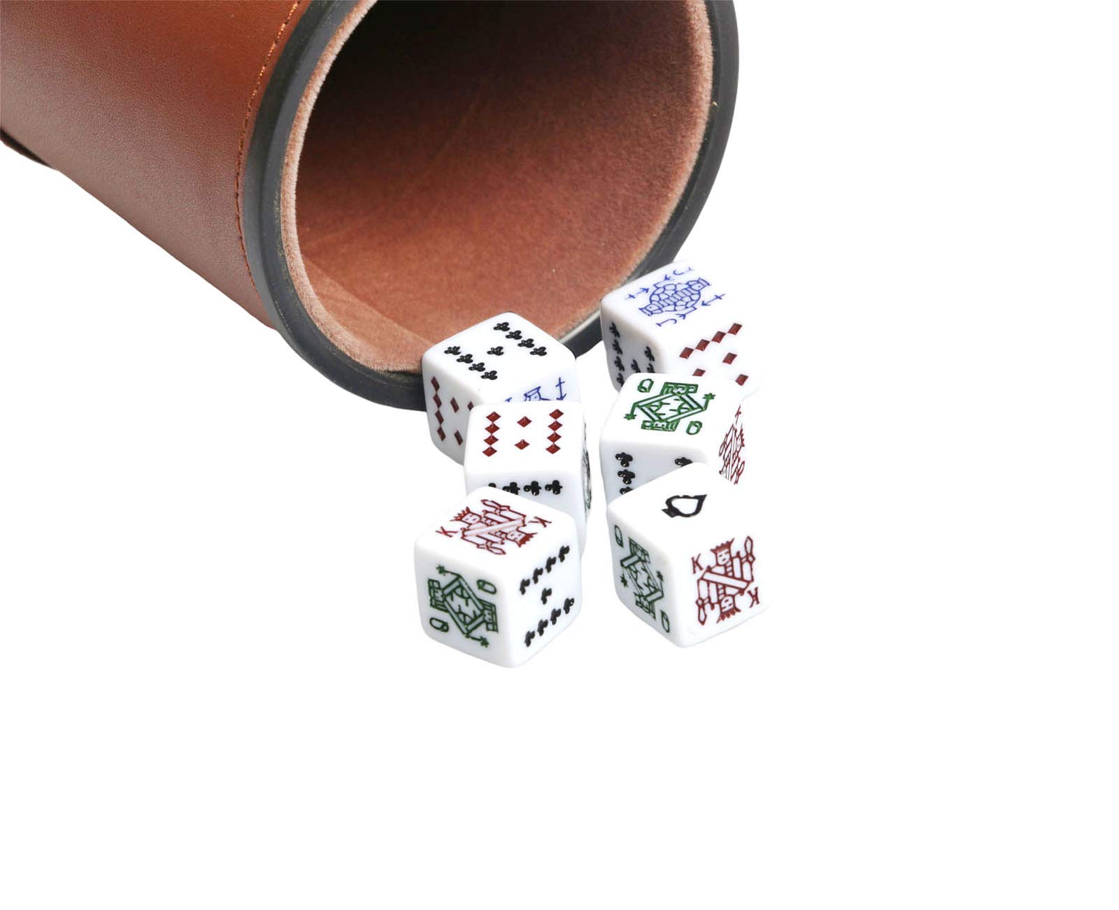 Leatherette Dice Cup and 6 White Dices Felt-Lined Quiet Shaker for Yahtzee/Farkle/Liars Dice Game