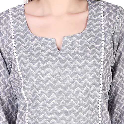 ladyline Traditional Printed 100% Cotton Kurtis for Women with Lace work Tunic Top (CPK LLJP) (46/Gray)