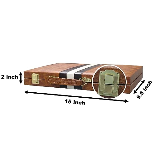 Sun Flair Backgammon Set - 15 Inch Backgammon Sets for Adults, Folding Classic Board Game with Premium Leather Case, Best Strategy and Tip Guide Enclosed (Brown, Medium)
