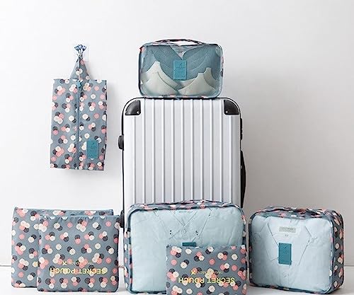 Laebevon 7 Set Packing Cubes with Shoe Bag Travel Luggage Organizer, Blue Flower)