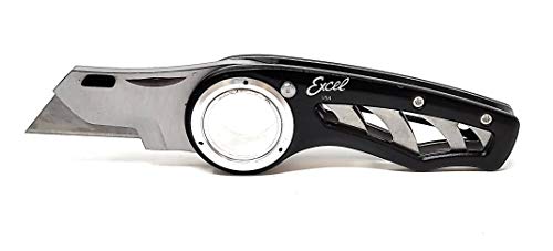 Excel Blades Revo Folding Pocket Utility Knife - Aluminum Body Heavy Duty Box Cutter with Holster, Anti-Slip Finger Loop Design Grip, Quick Change Blades and 3 Lock Positions Design, Black