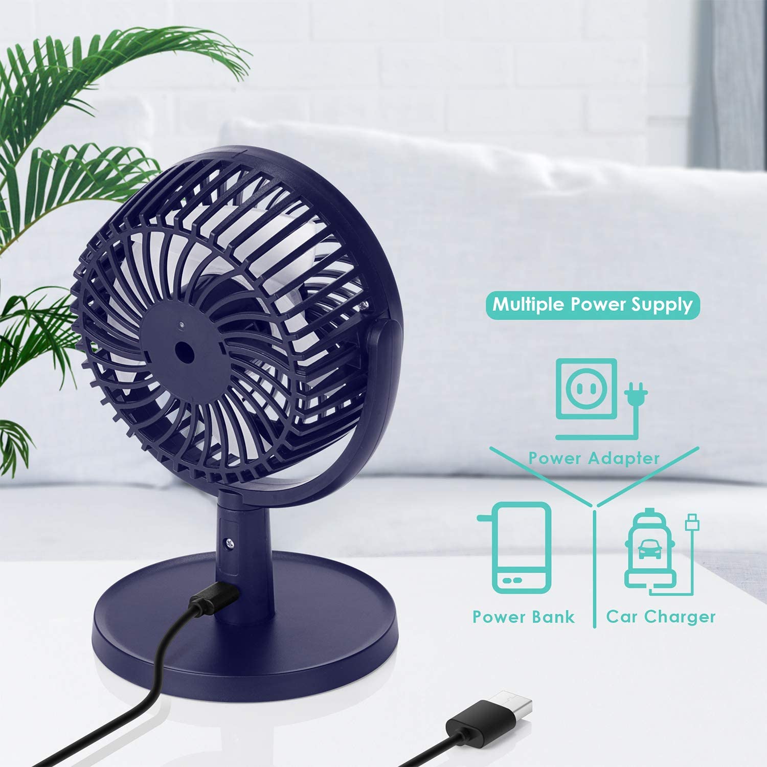 COMLIFE Mini Desk Fan, USB Operated Fan with 4 Speeds, Strong Airflow, Ultra Quiet Operation, 310° Adjustment, Portable Personal Fan for Home Office Desktop (Blue)