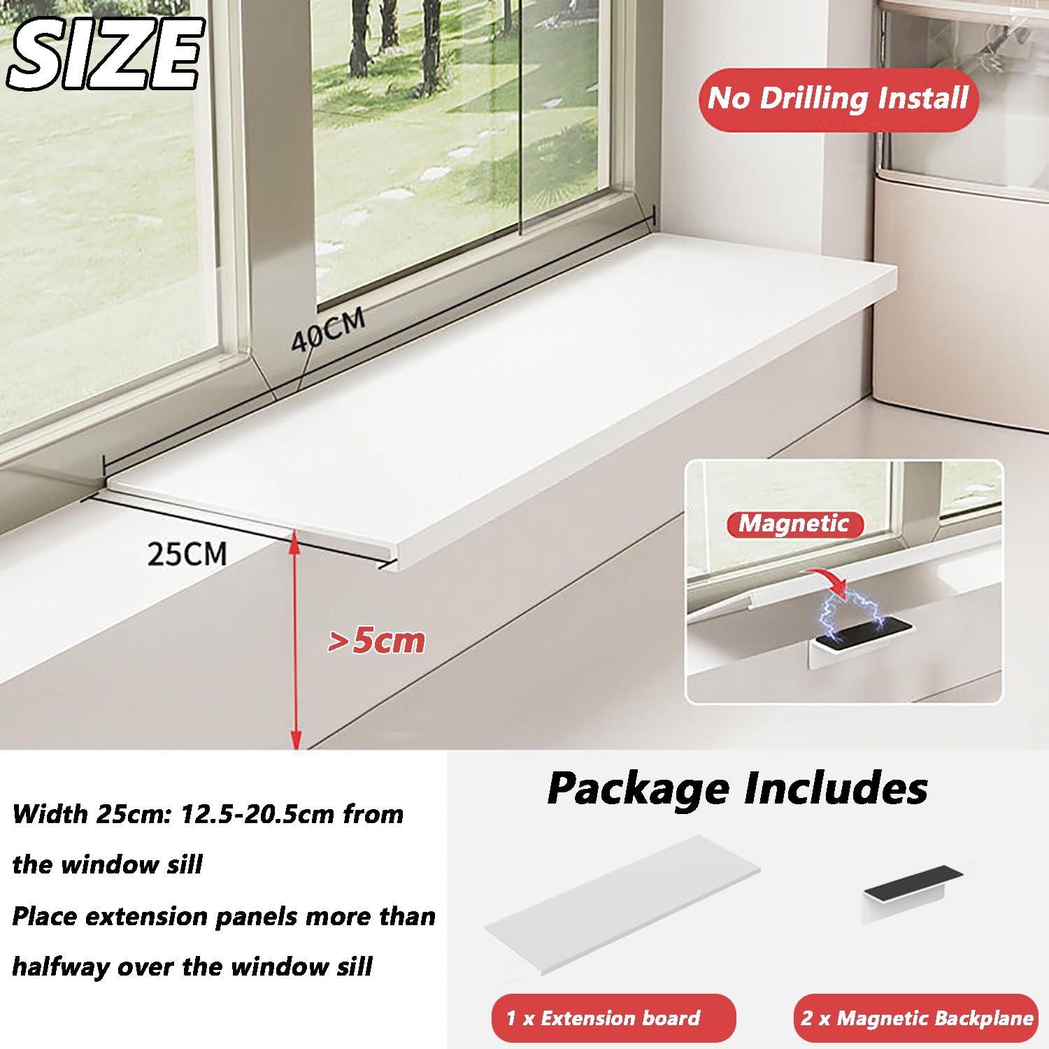 Earssa Carbon Steel Window Sill Extender Plate, Storage Shelf, Window Plant Shelves with Magnetic Base, Countertop Extension Board for Kitchen Organization (40x20cm)