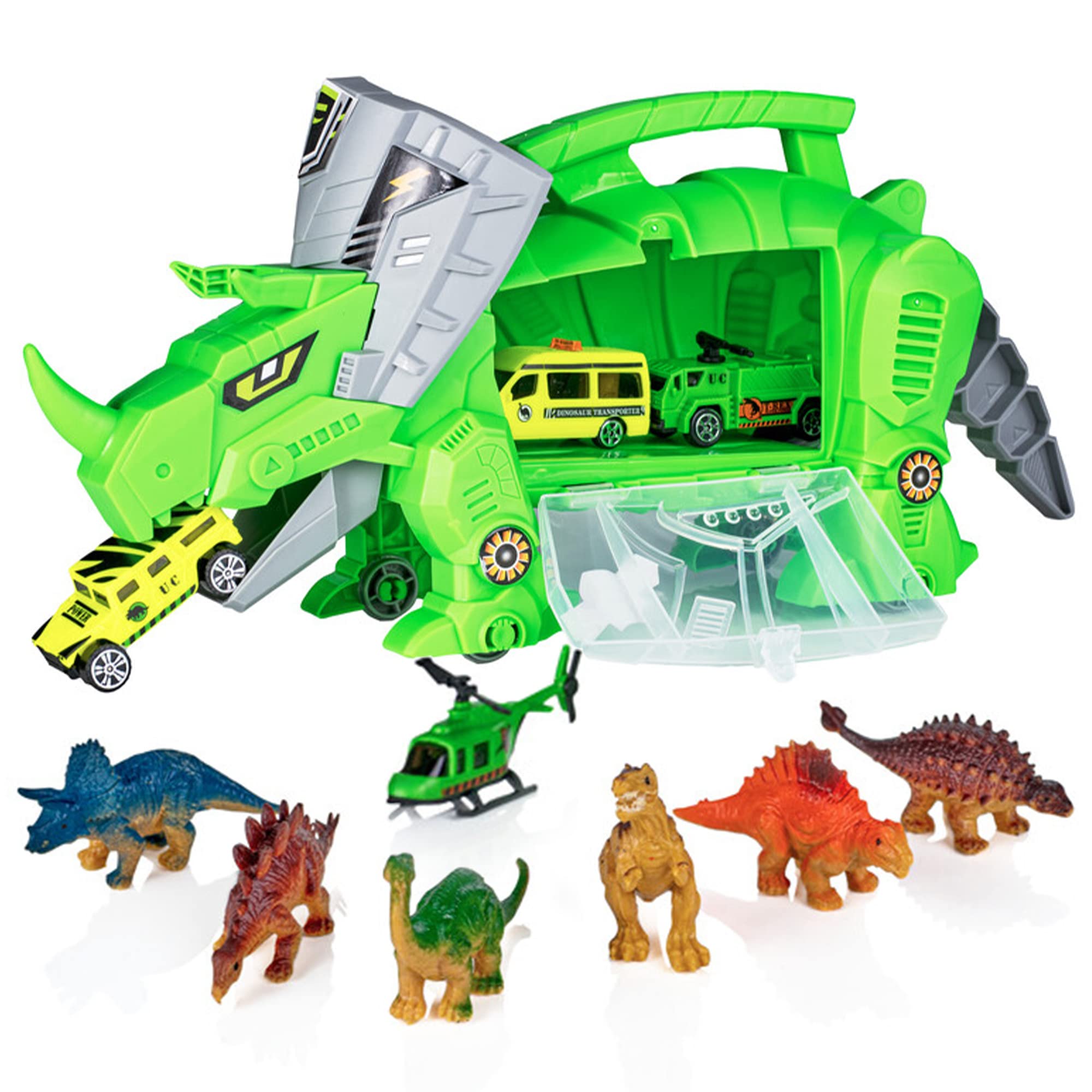 Think N Thrill Dinosaur Toys Storage Carrier for Kids Includes 6 Mini Dinosaurs 3 Toy Cars & Helicopter - #1 Best Fun Playset for Boys & Girls - Great for Children Ages 3+ Years Old (Dinosaur)