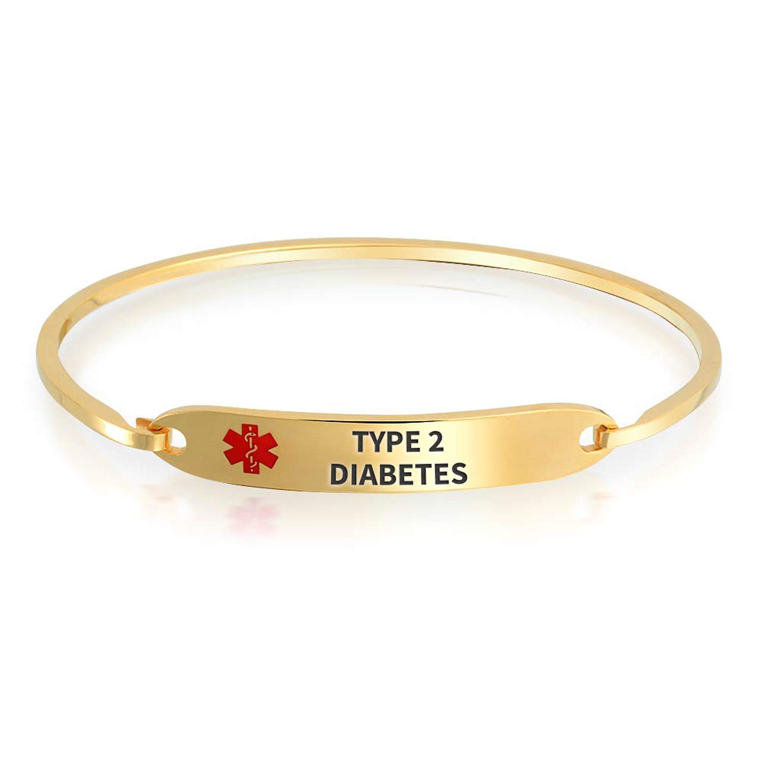 Bling Jewelry Type 2 Diabetes Medical Identification ID Bracelet Sleek Bangle For Women Gold 2 Tone Custom Engraved