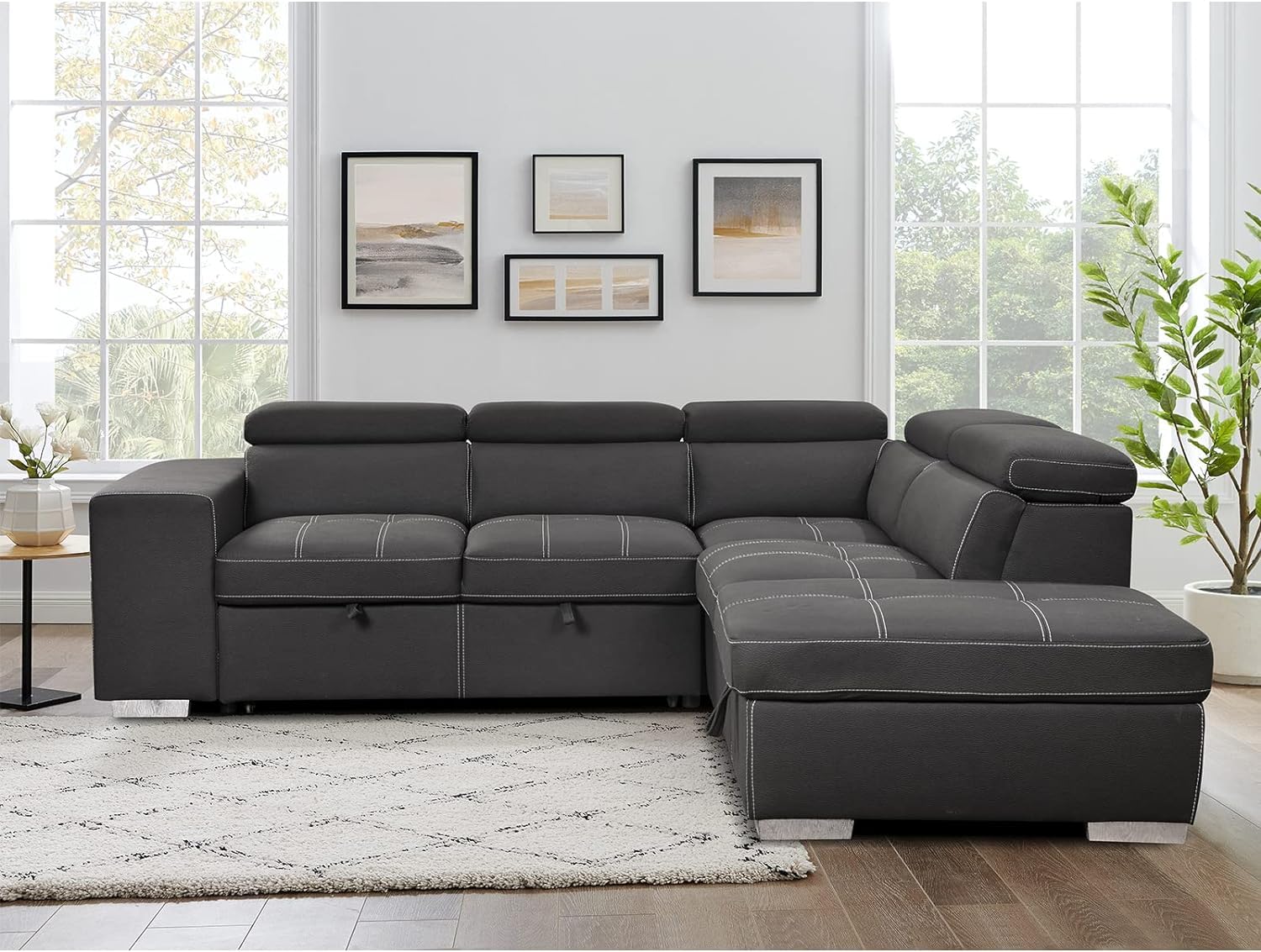 HanStrong 104" Sectional Sofa Couch Sleeper Sofa with Pull Out Bed, Adjustable Headrest, Chaise, Storage Ottoman and Stools, L Shaped Sofa Bed Comfy Microfiber Upholstered Sofa for Living Room, Grey