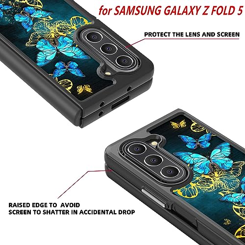 NKase for Samsung Galaxy Z Fold 5 Case, Samsung Z Fold 5 Case Cute Hard Slim Cover Galaxy Z Fold 5 Case Shockproof Women Girls Men Protective Case for Galaxy Z Fold 5 5G Case, Gold/Blue Butterfly